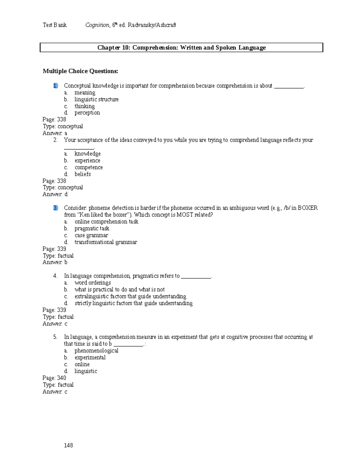 CH10 Cognition 6e TB - ..hi this is good - Chapter 10: Comprehension ...