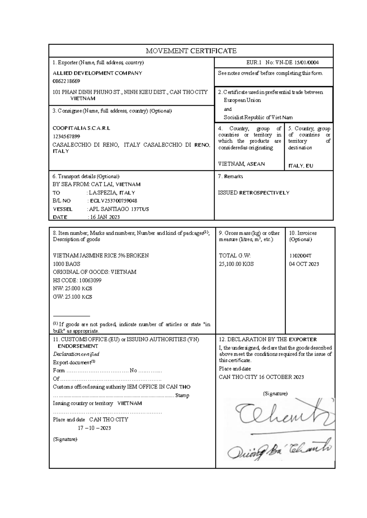 Movement Certificate đính kèm NVHQ - MOVEMENT CERTIFICATE Exporter ...