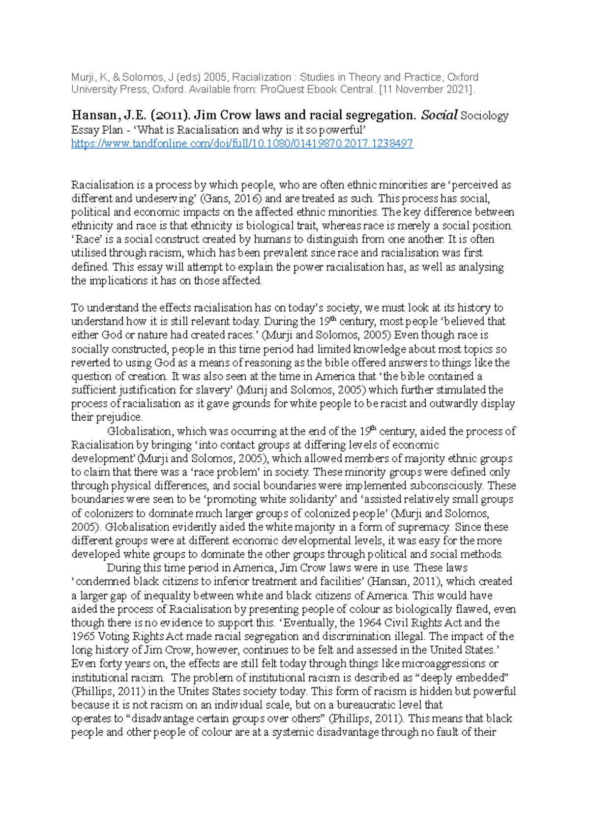 Socio plan and draft - Murji, K, & Solomos, J (eds) 2005, Racialization ...