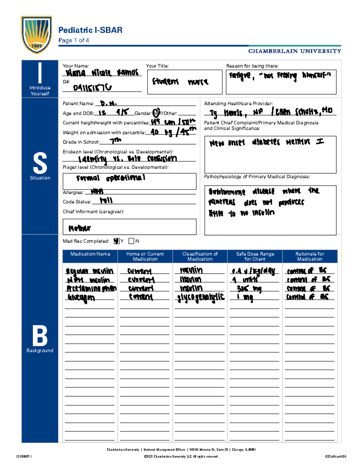 ATI Diabetes SBAR - Chamberlain University | National Management O!ces ...
