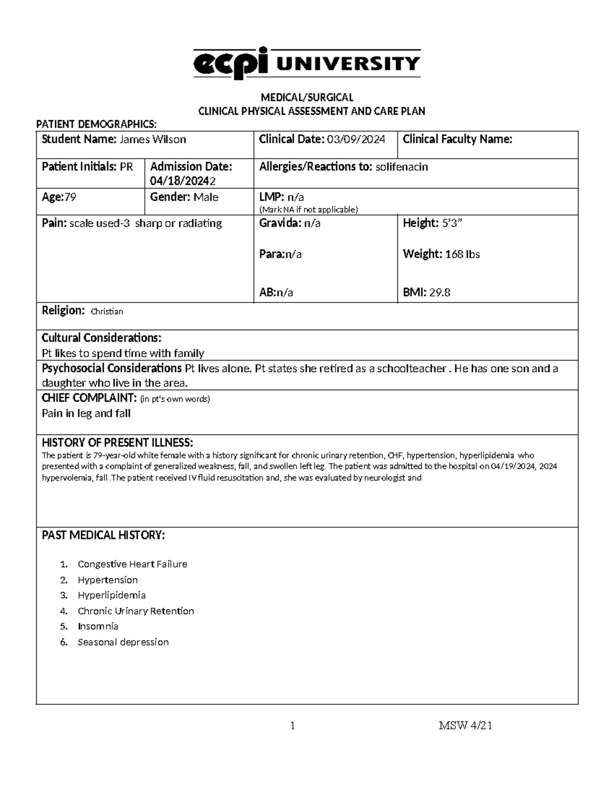 care plan for clincials 2 - MEDICAL/SURGICAL CLINICAL PHYSICAL ...