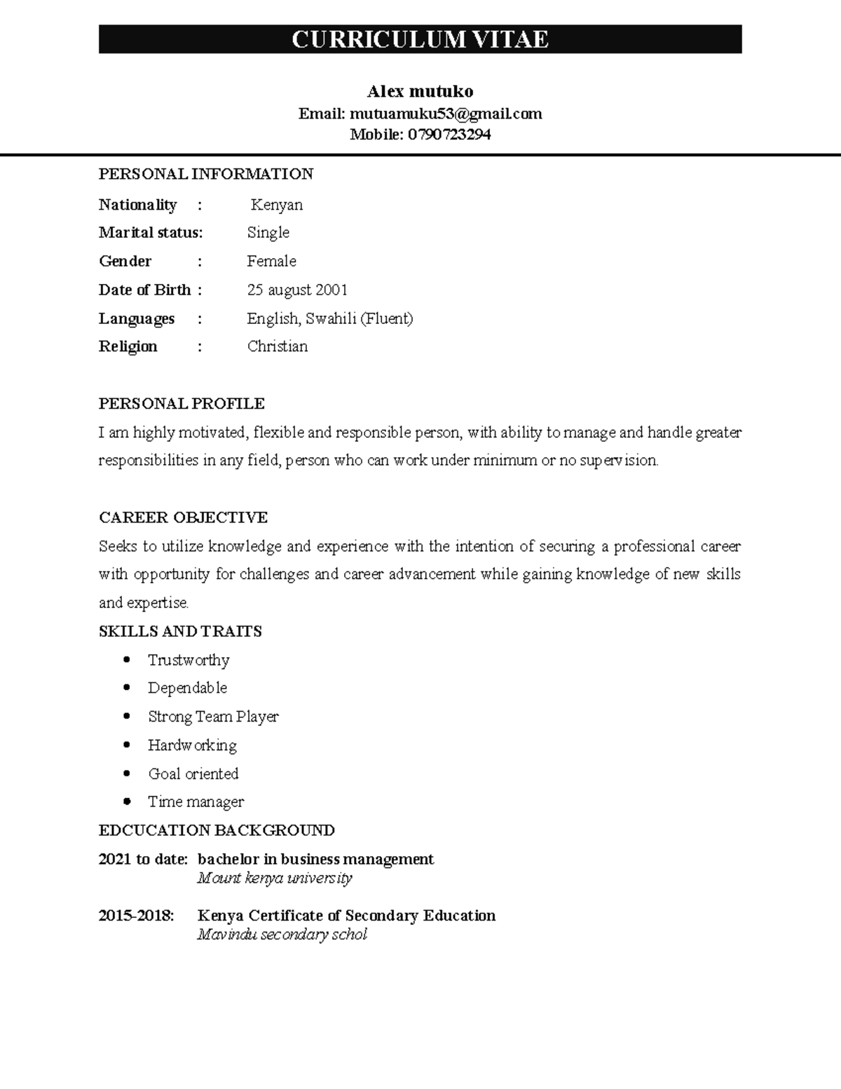 Alex cv - HOW TO WRITE GDOD CV - CURRICULUM VITAE Alex mutuko Email ...
