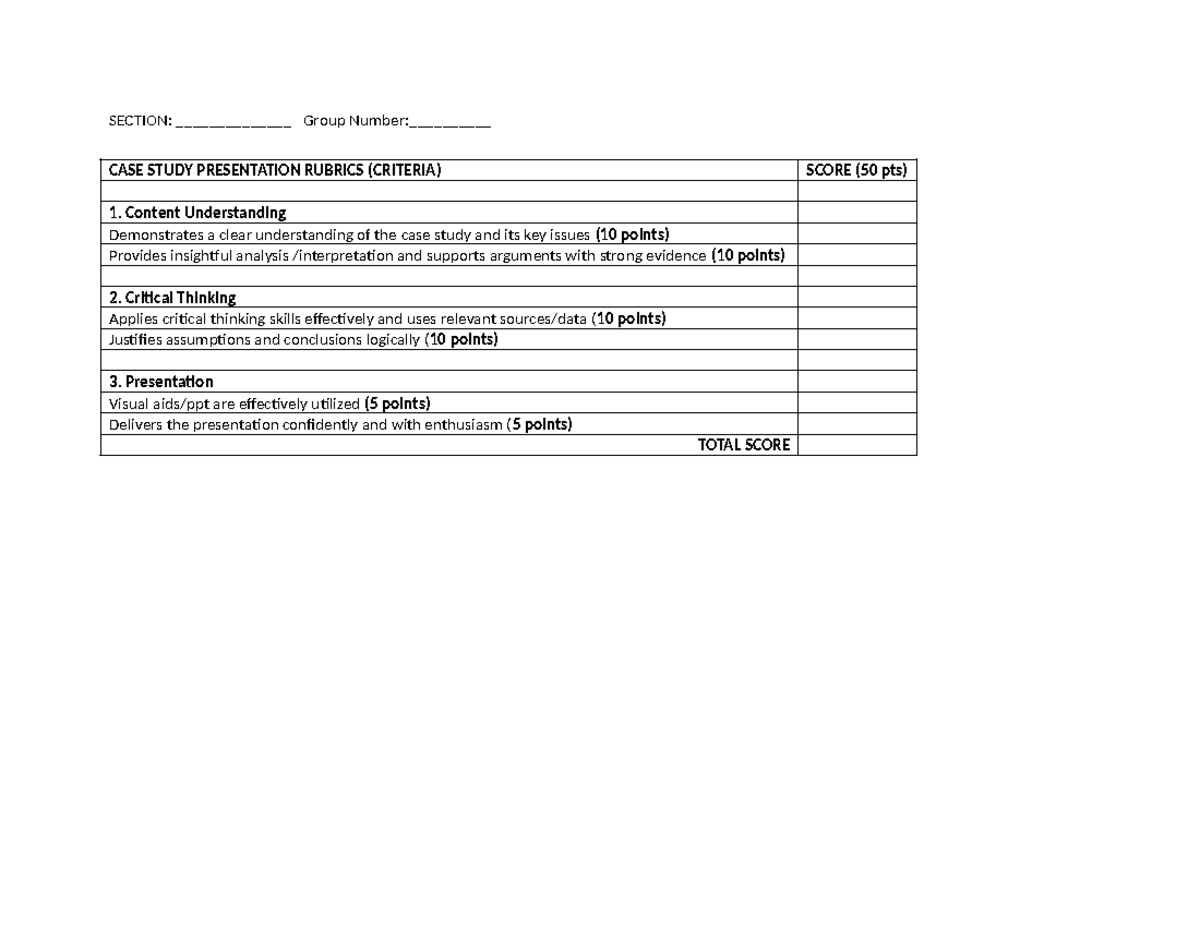 Rubrics Criteria For Case Study Section Group Number
