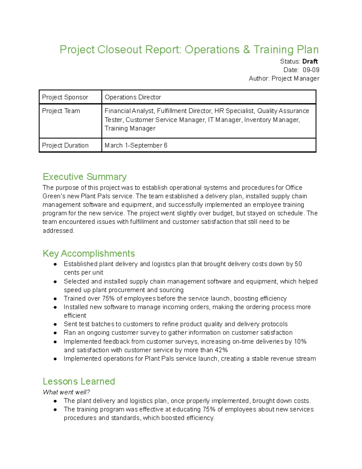 Project Closing - good - Project Closeout Report: Operations & Training ...