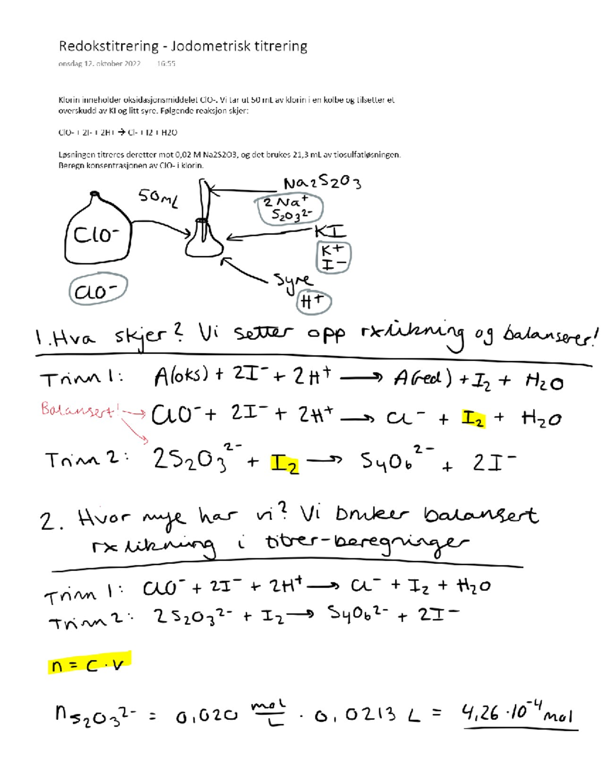 Redokstitrering - Utregning av jodometrisk titrering - Studocu
