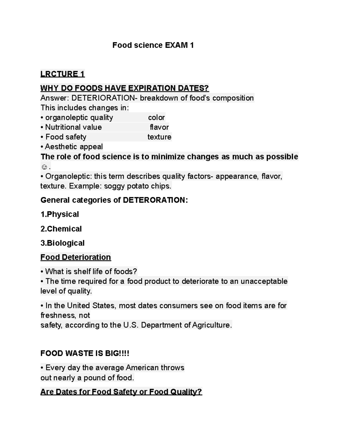 FOOD Science EXAM 1 - yhea - Food science EXAM 1 LRCTURE 1 WHY DO FOODS ...