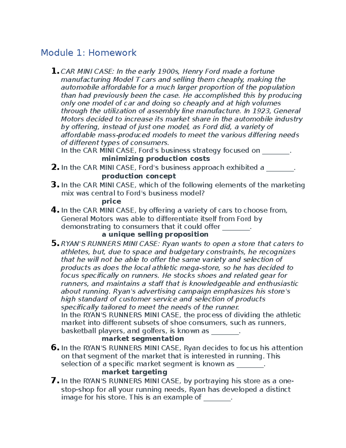 Module 1 Homework Quiz - Module 1: Homework 1. CAR MINI CASE: In the ...