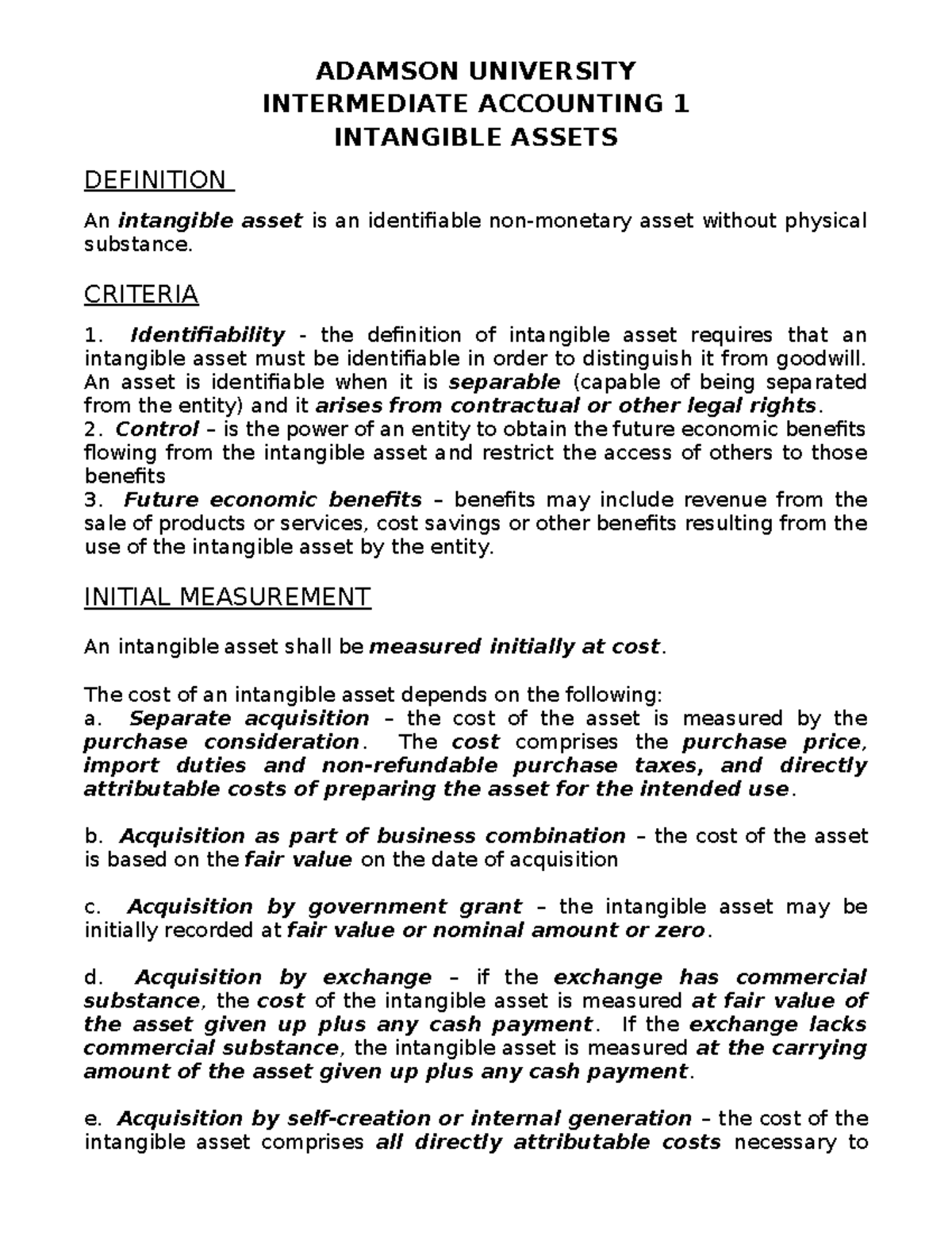 (01B) Intangible Assets Lecture - ADAMSON UNIVERSITY INTERMEDIATE ...