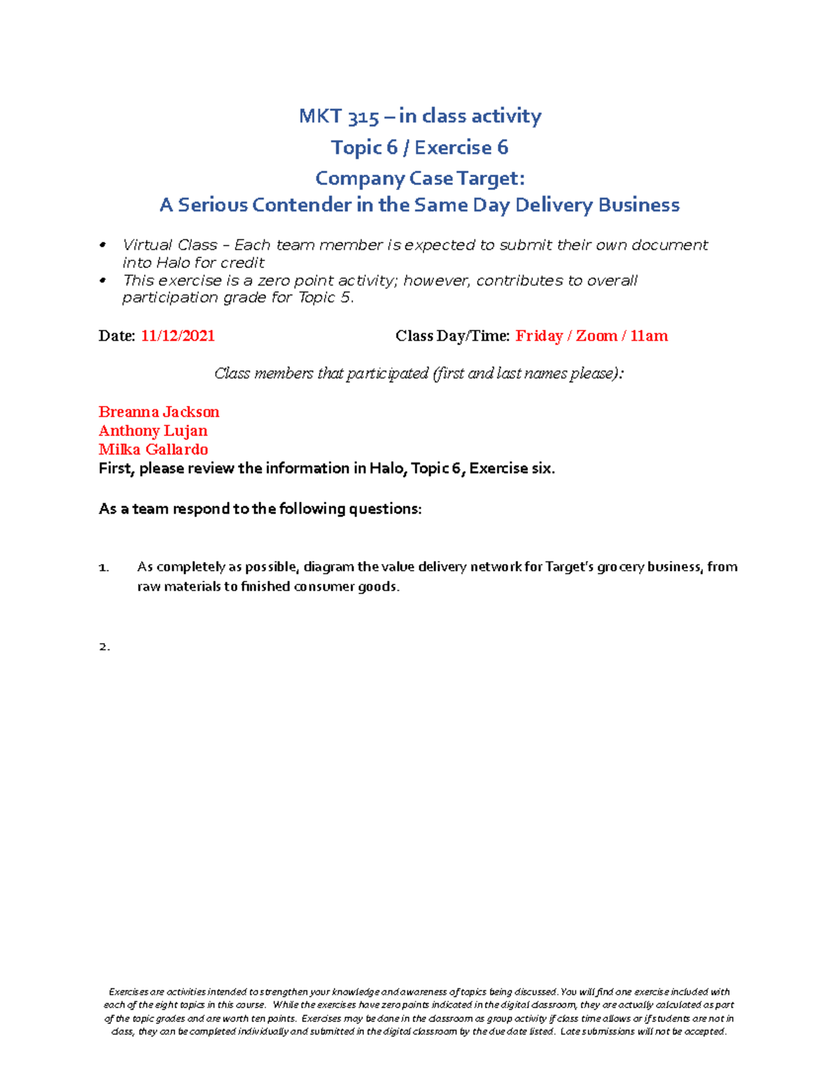 6 Exercise 6 Company Case Target Virtual - MKT 315 – in class activity Topic 6 / Exercise 6 ...