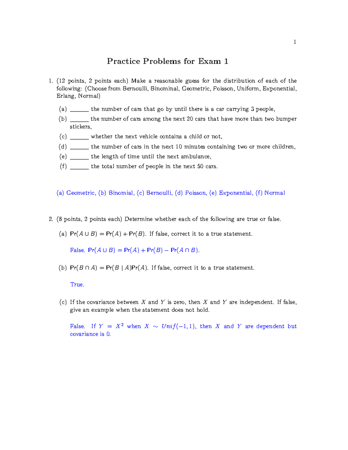 Practice Problems Exam 1 Complete - Practice Problems for Exam 1 (12 points, 2 points each) Make ...