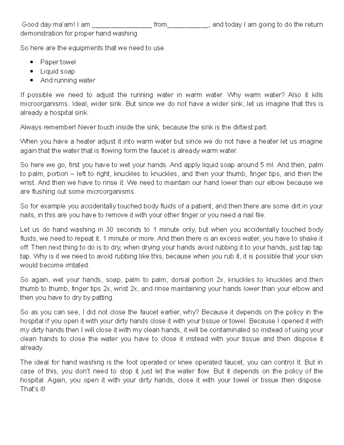 Script hand washing - Good day ma’am! I am ________________ from ...