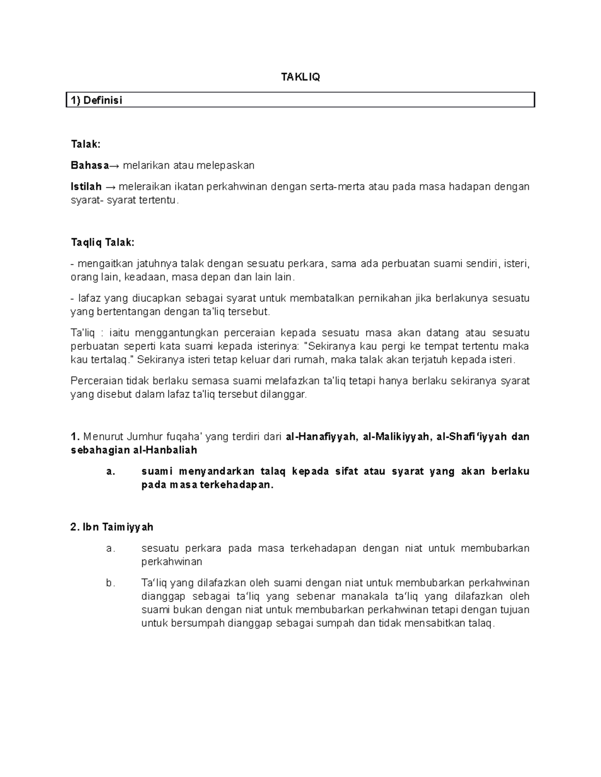 Nota Penerangan Takliq (Nabila) - TAKLIQ Definisi Talak: Bahasa→ ...