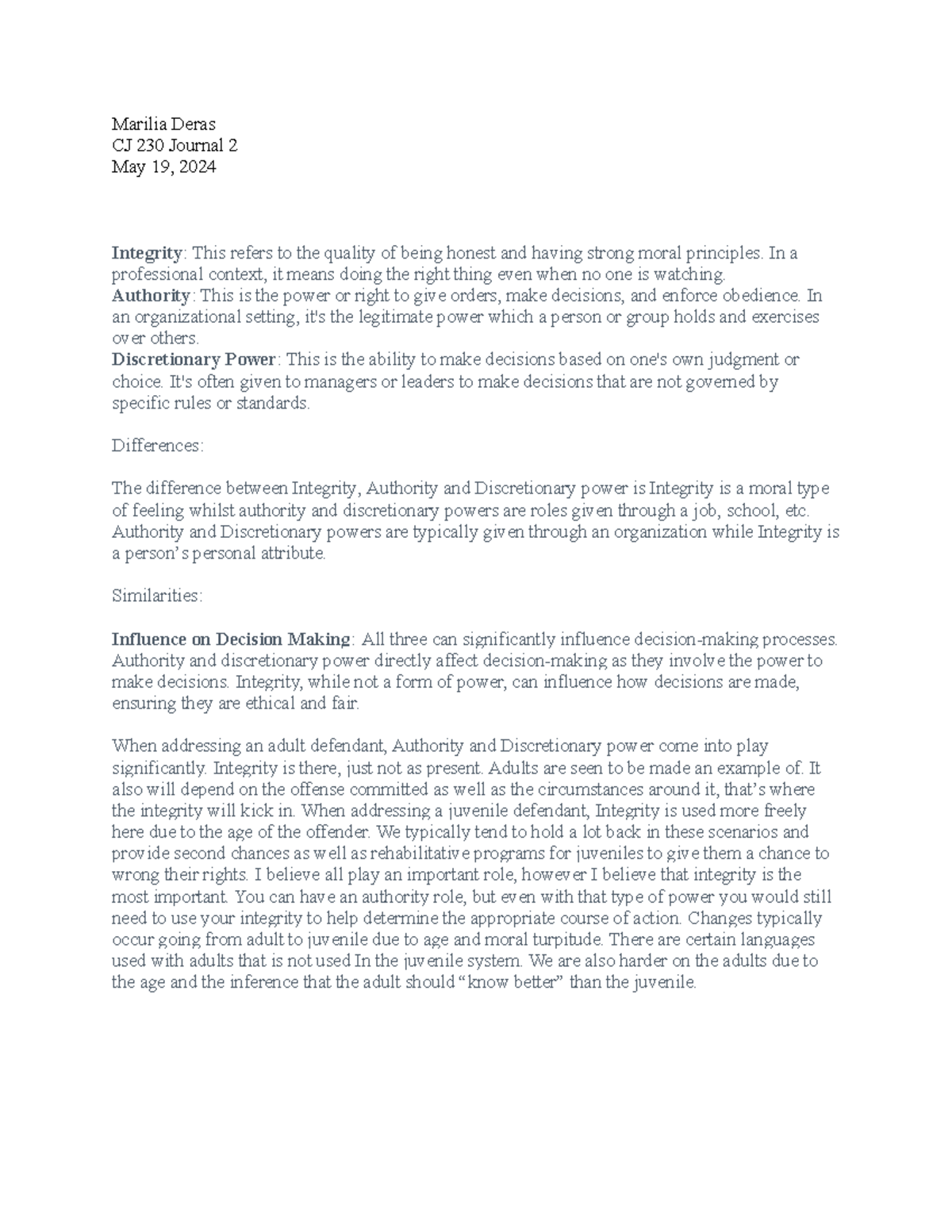 CJ 230 Module 2 Journal - N/A - Marilia Deras CJ 230 Journal 2 May 19 ...