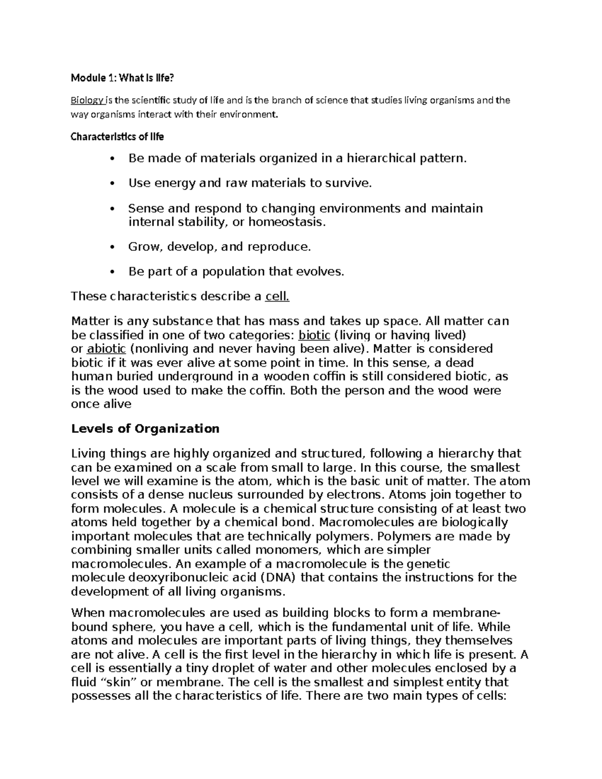 Biology - Some notes from textbook - Module 1: What is life? Biology is ...