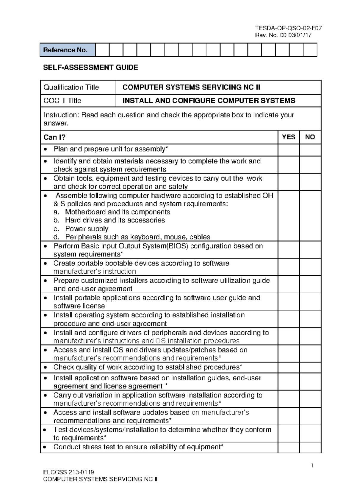 Computer Systems Servicing NC II SAG - ELCCSS 213- 0119 1 Reference No ...
