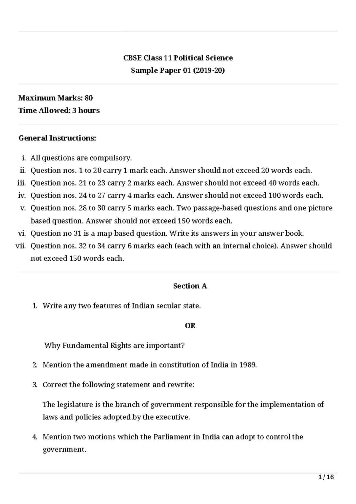 CBSE Class 11 Sample Paper 1 Political Science - Material downloaded ...