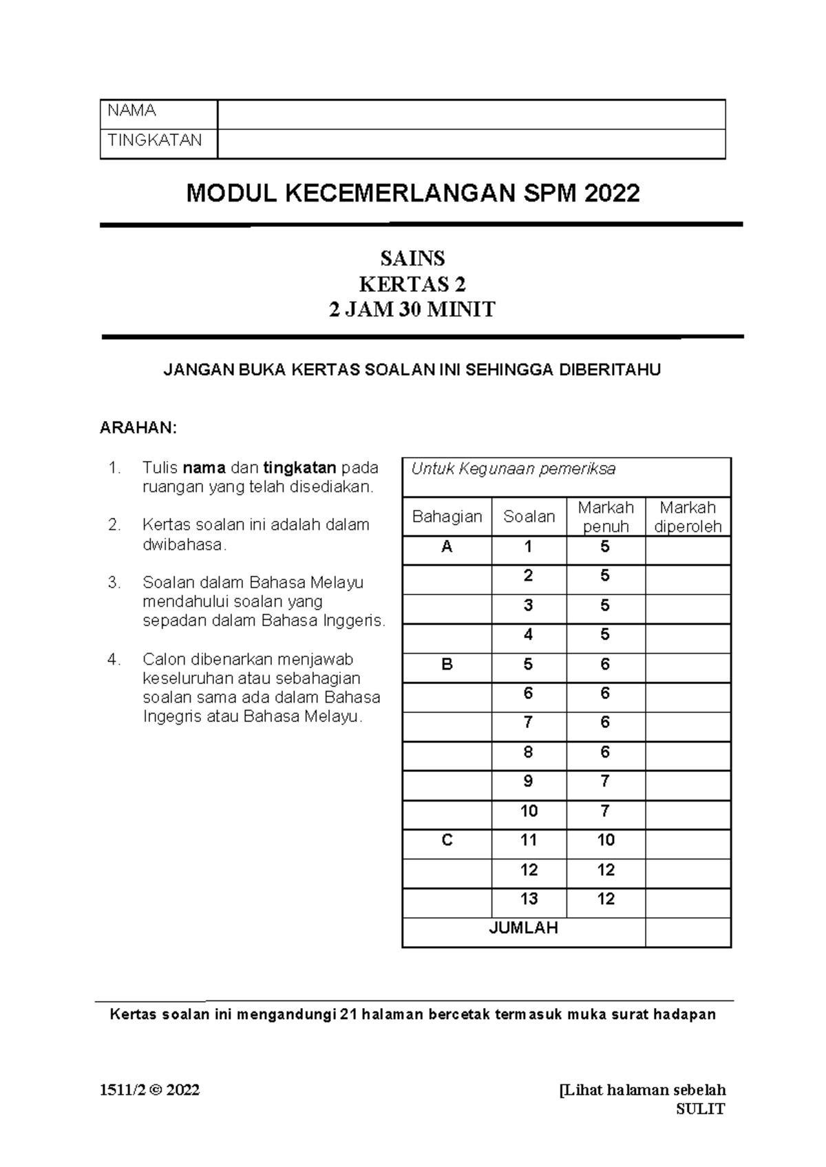 Trial science/stains SPM paper - 1511/2 © 2022 [Lihat halaman sebelah ...
