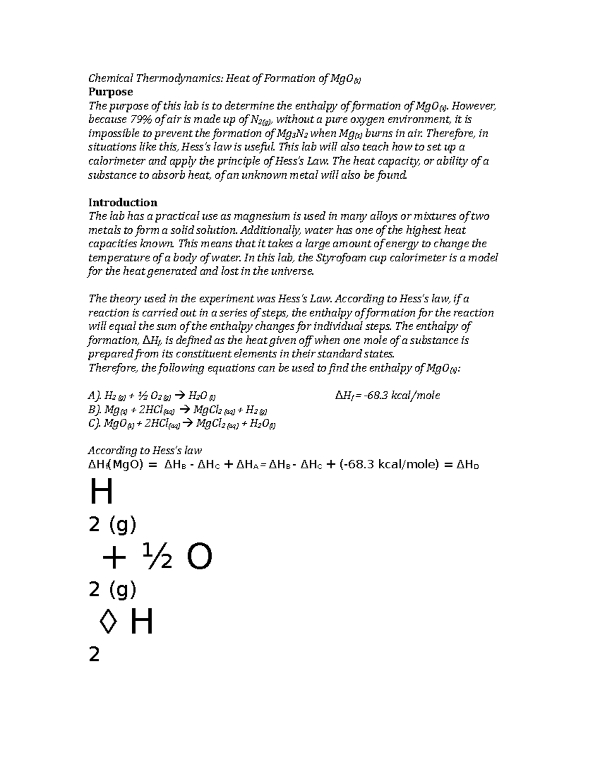 Mg O lab report - Chemical Thermodynamics: Heat of Formation of MgO(s ...
