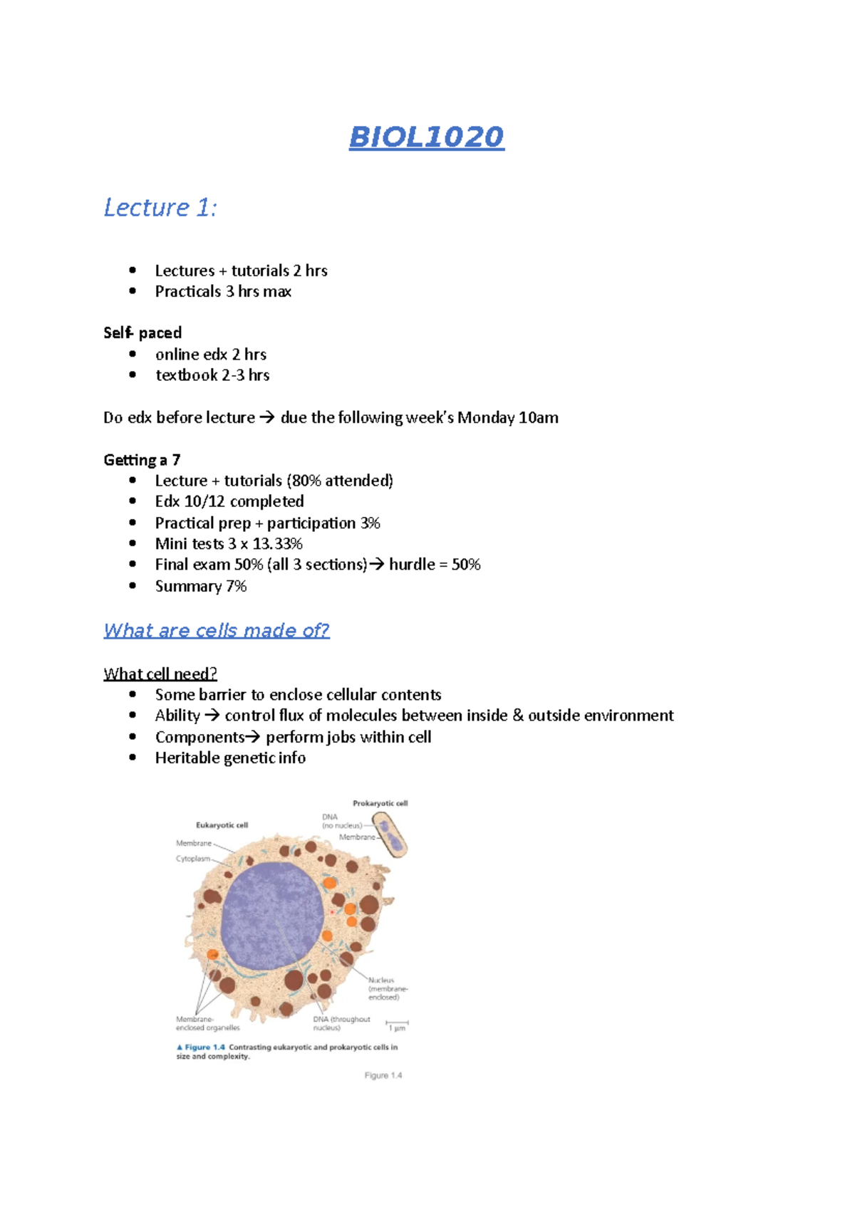 BIOL1020 Lect - Lecture notes 1 - BIOL Lecture 1: Lectures + tutorials ...