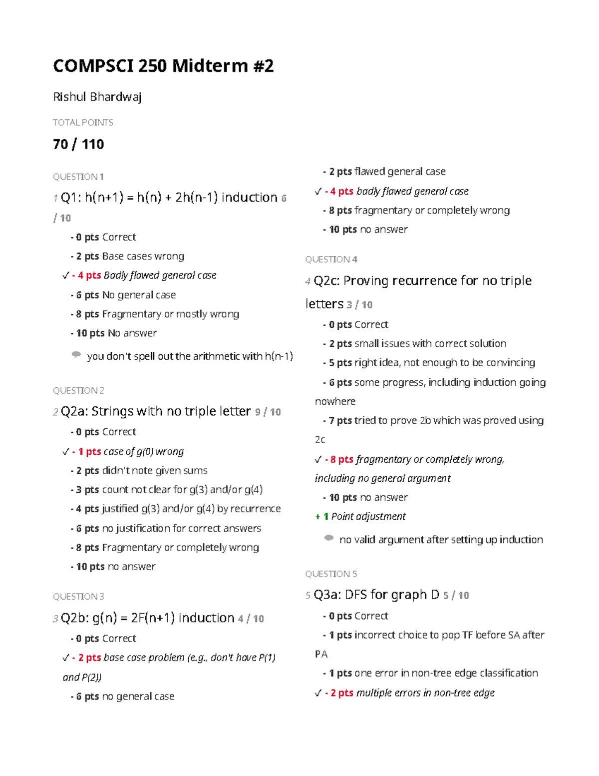 Midterm 2 250 - COMPSCI 250 Midterm Rishul Bhardwaj TOTAL POINTS 70 / ...