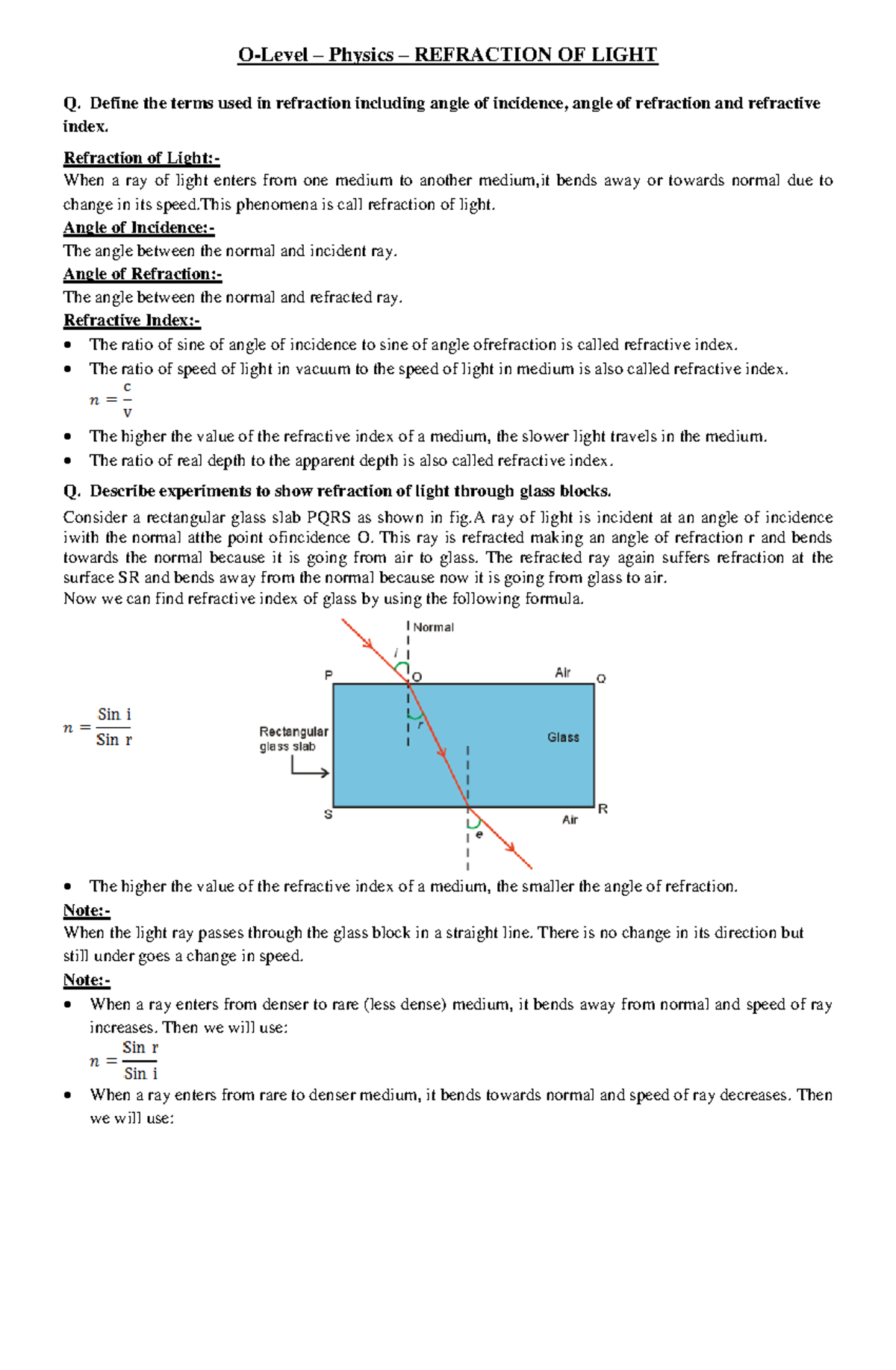 Refraction of Light - O-Level – Physics – REFRACTION OF LIGHT Q. Define ...