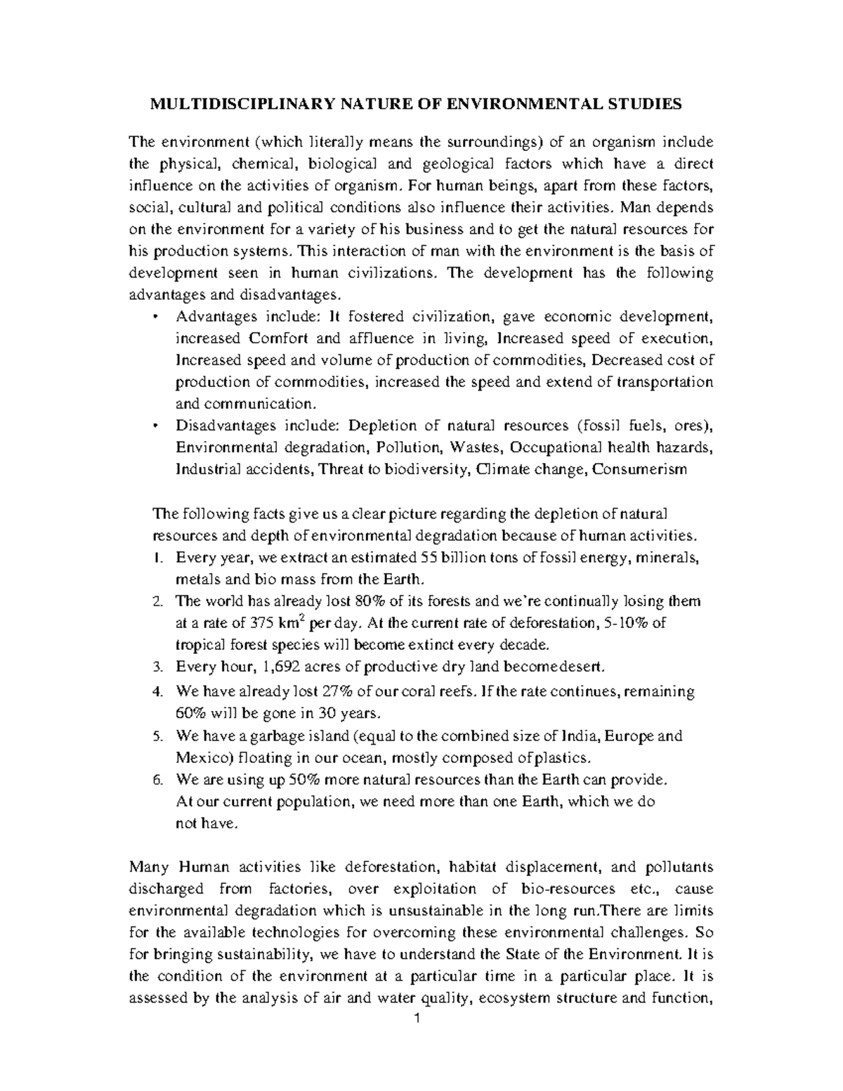 Unit 1. Multidisciplinary nature of Environmental Studies, need for ...