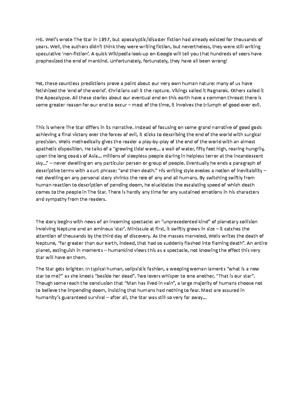 Star part 1 - the description of short story star - HG. Well’s wrote ...