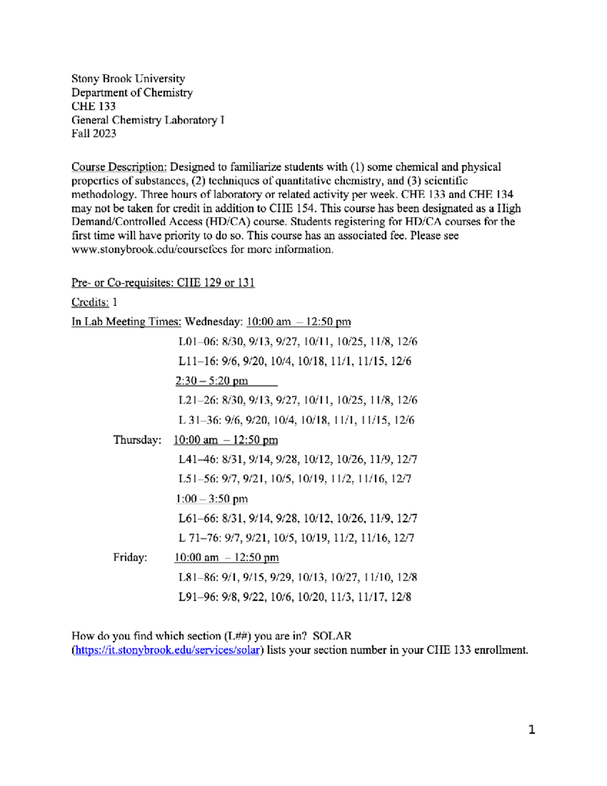 CHE 133 syllabus F23 -CHE 133.30 General Chemistry Laboratory I - Fall ...