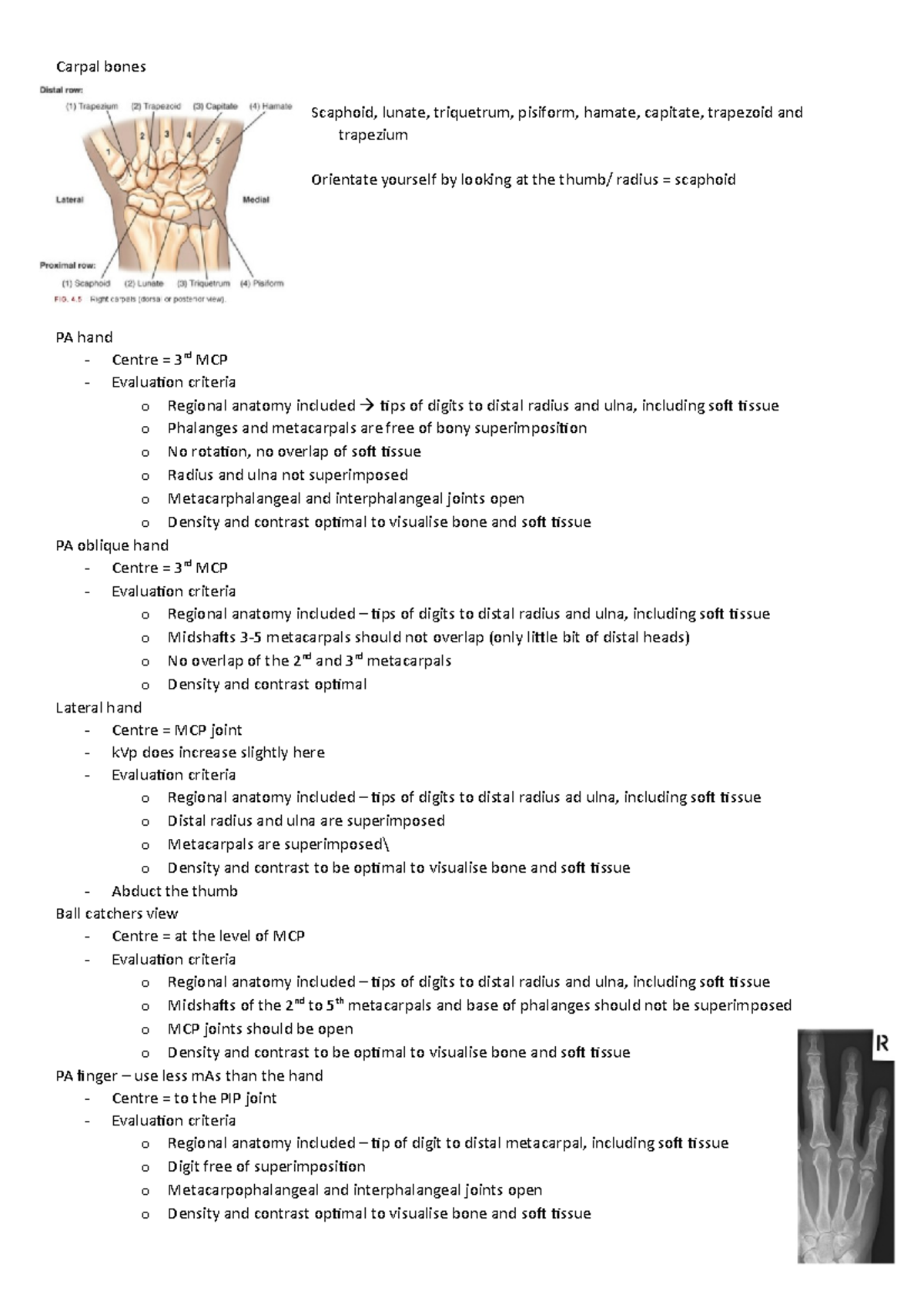 Final notes summary - Carpal bones Scaphoid, lunate, triquetrum ...