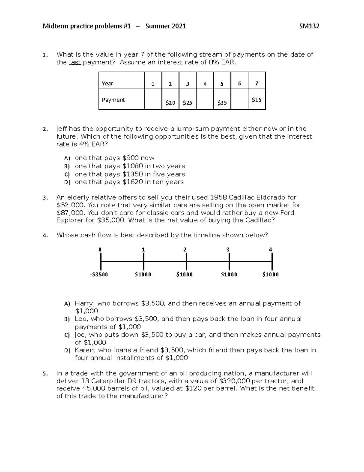 Midterm Practice Problems 1 - Fall 2021 - What is the value in year 7 ...