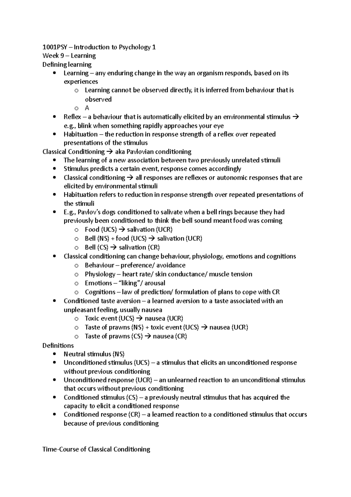 Week 10 Lecture Notes - 1001PSY – Introduction to Psychology 1 Week 9 ...