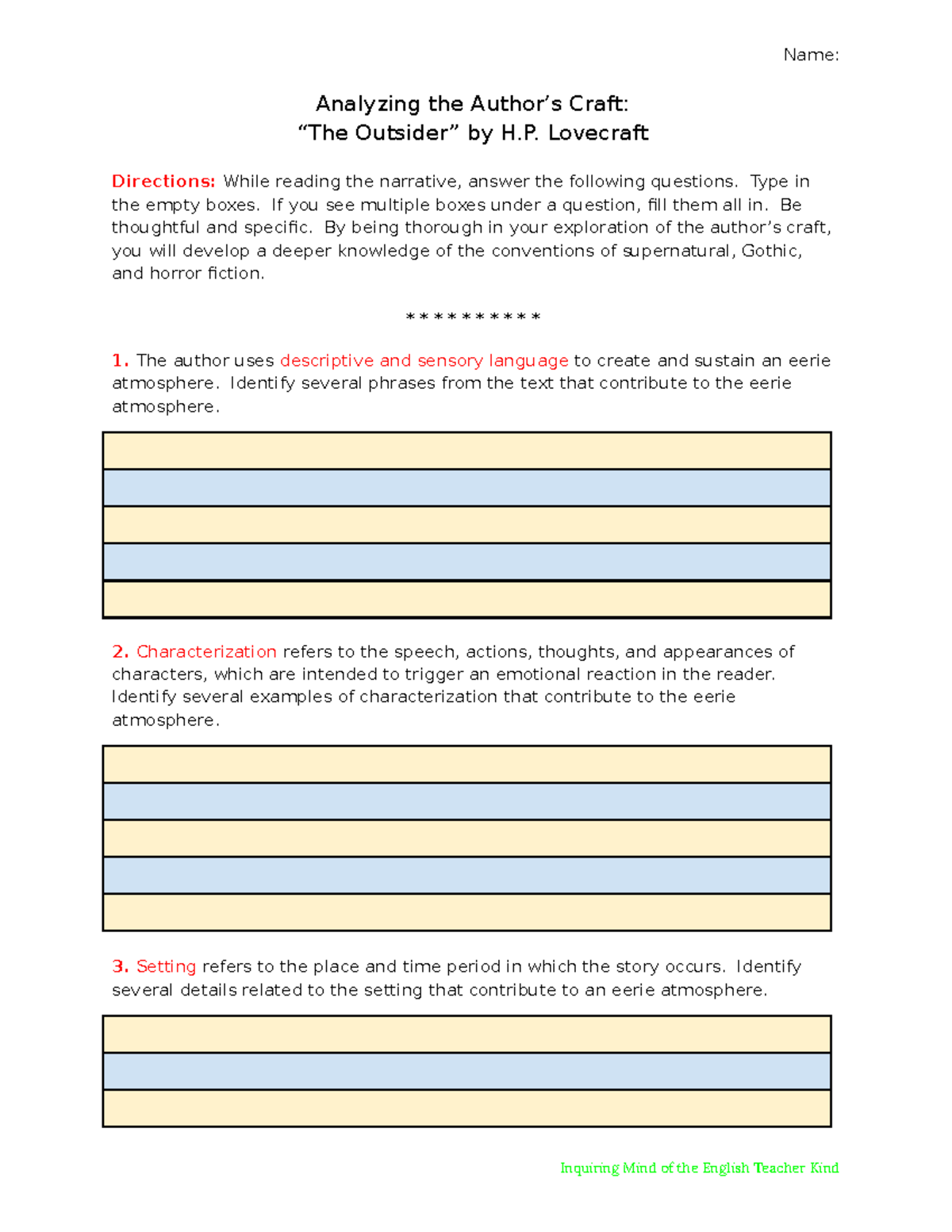 Prewriting+Activity+-+Analyzing+Author's+Craft+(The+Outsider) gothic ...
