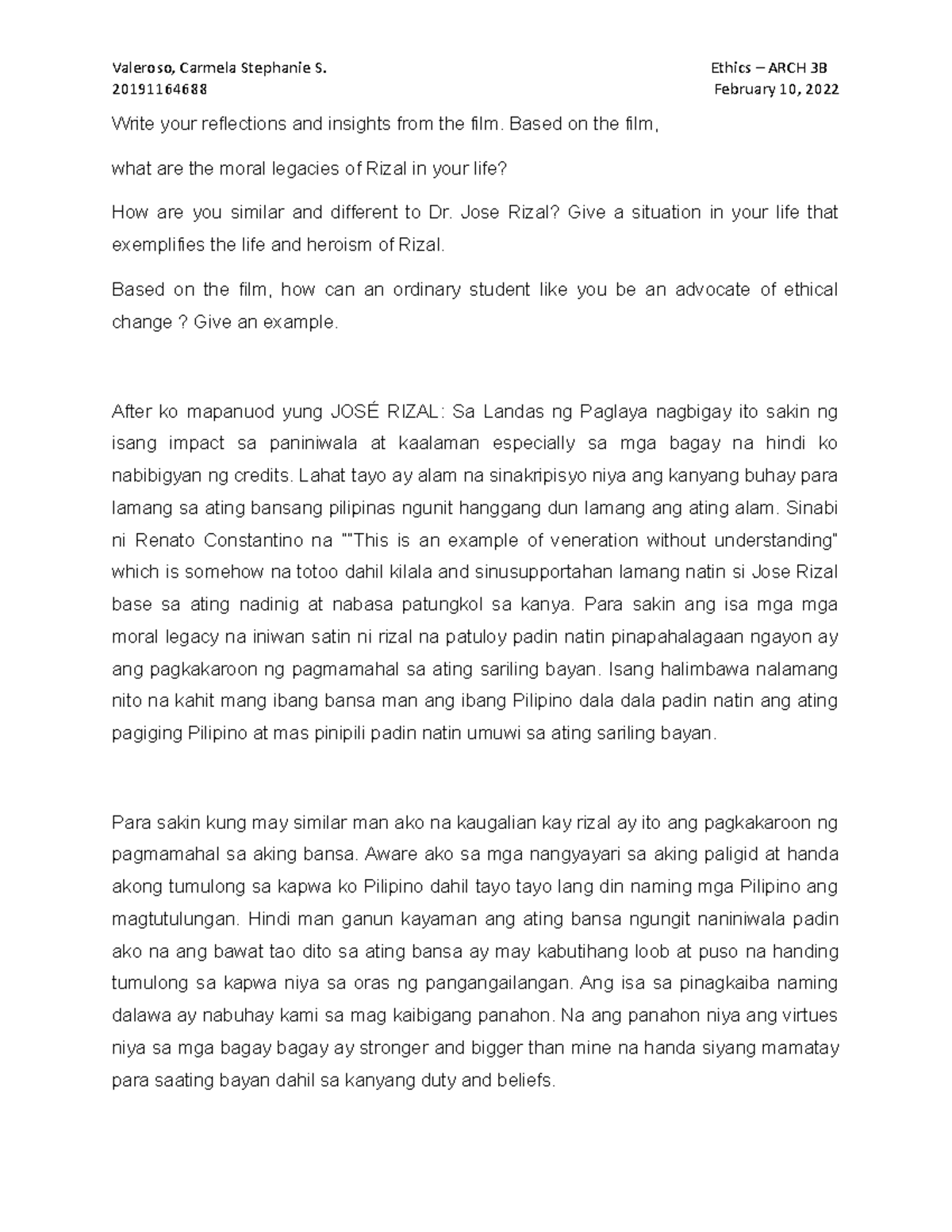 Reflection of Dr. Jose Rizal Life - 20191164688 February 10, 2022 Write ...