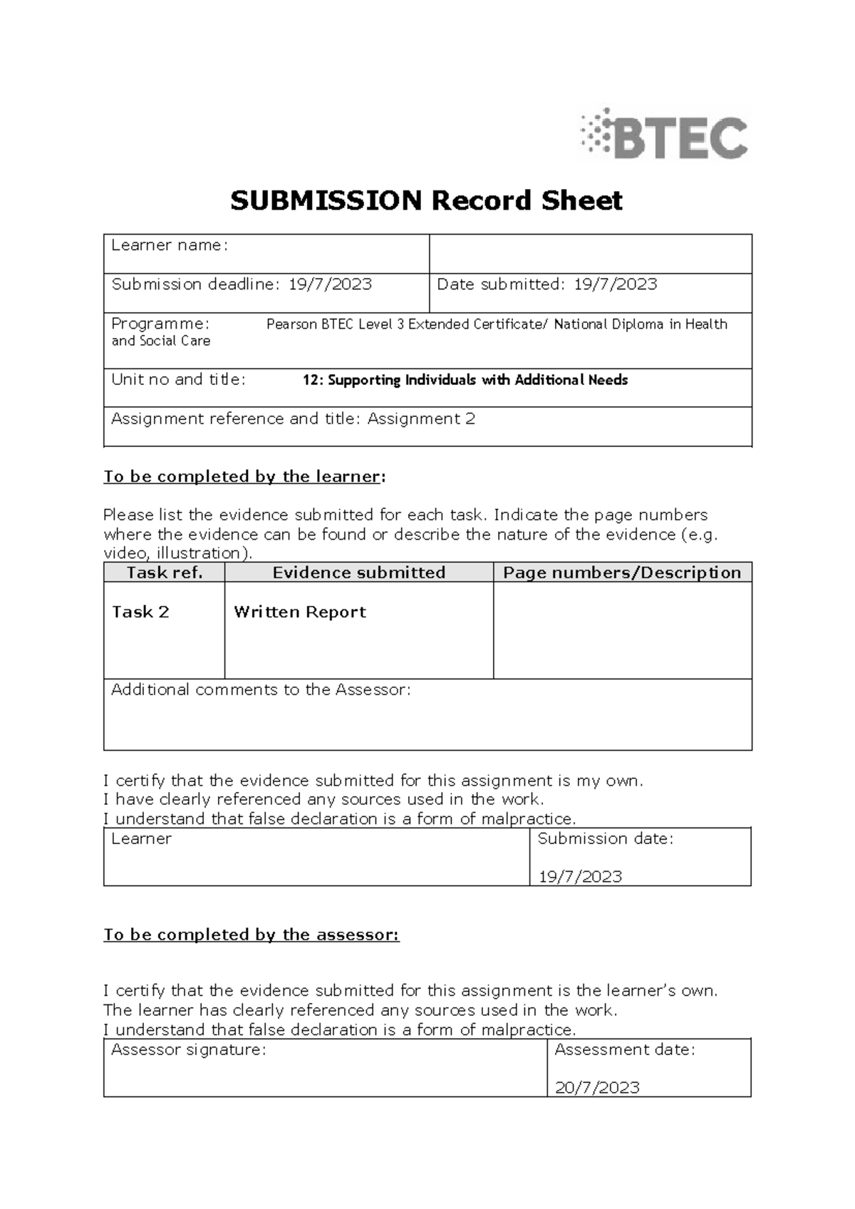 Unit 12 assignemt 2 health and social care - SUBMISSION Record Sheet ...