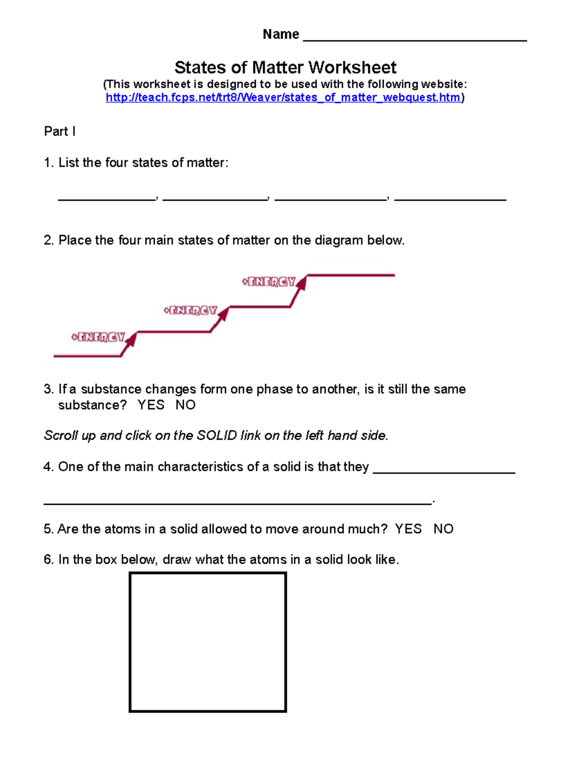 States of Matter Worksheet - Name ______________________________ (This ...
