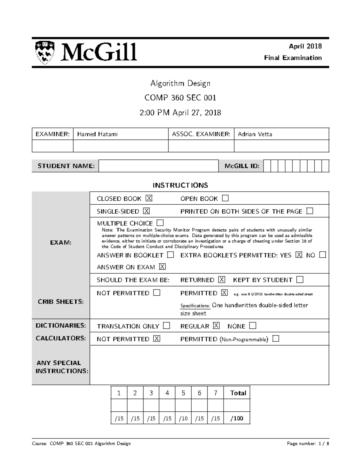 Sample/practice exam December 2019, questions - April 2018 Final ...