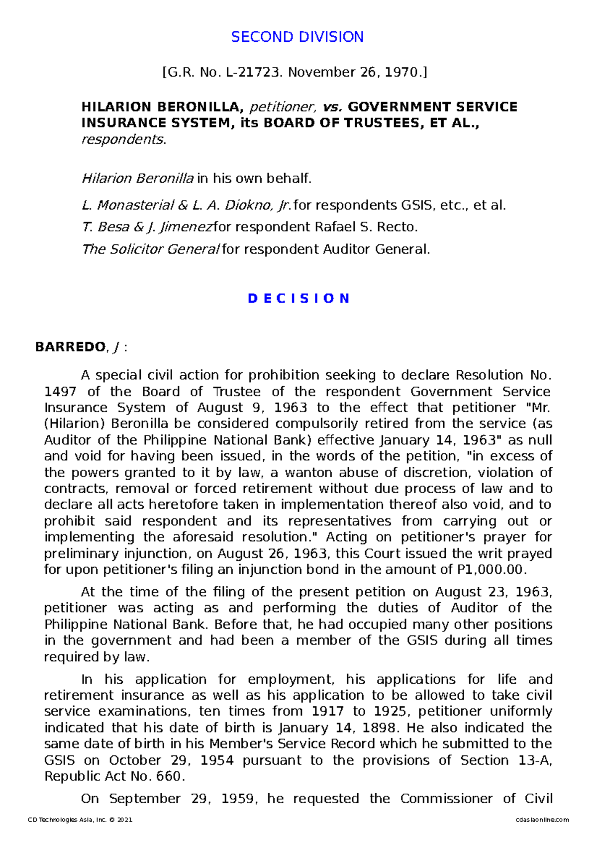 (2) Beronilla vs. GSIS, GR No. 21723, 26 November 1970 - SECOND ...