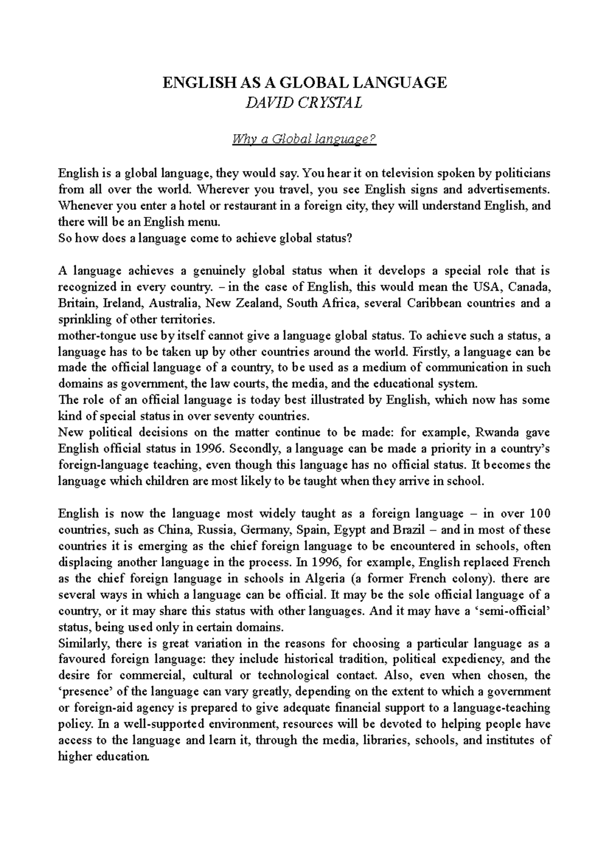 English as a Global Language Selected - ENGLISH AS A GLOBAL LANGUAGE DAVID CRYSTAL Why a Global ...