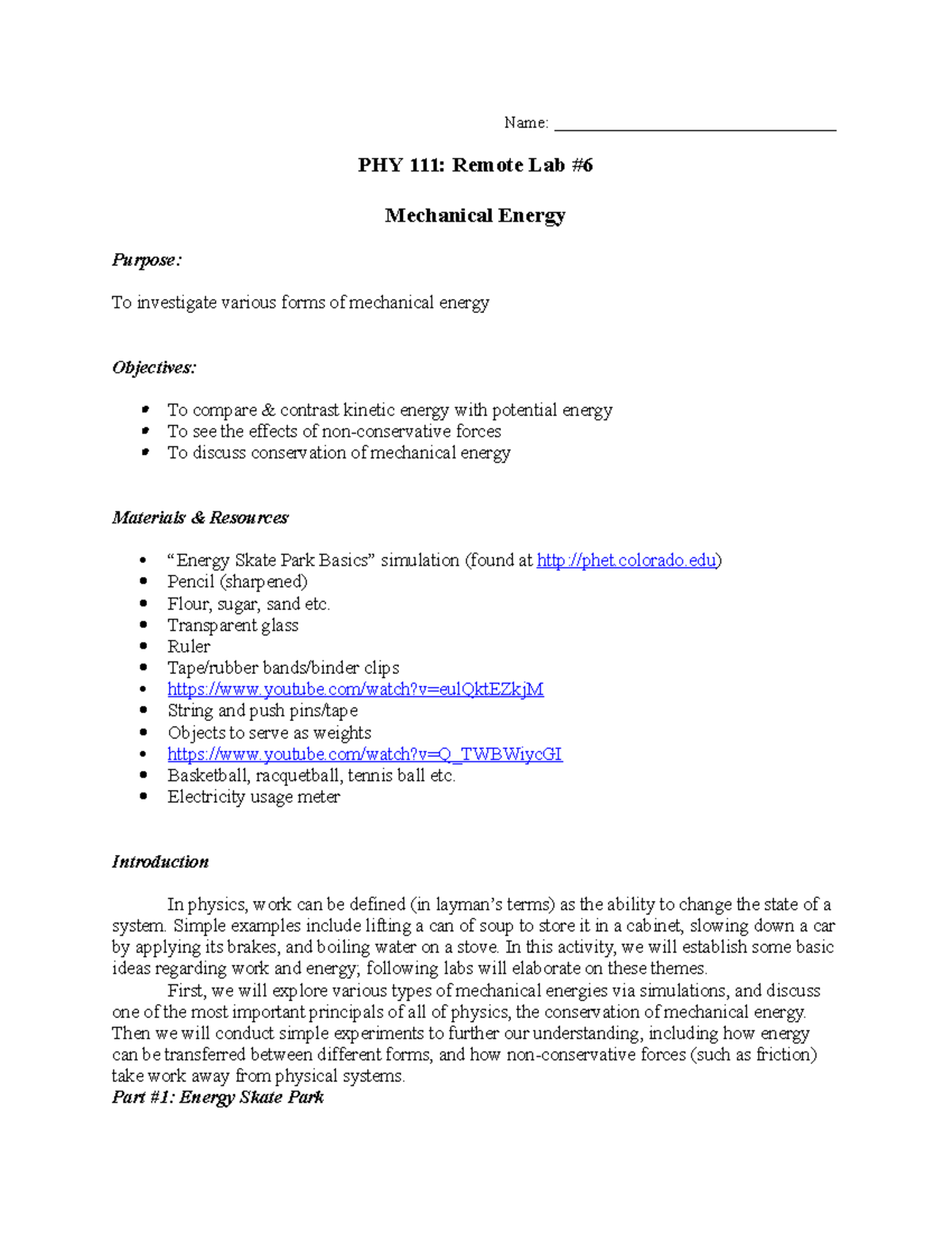Phy 111 remote lab 06 - mechanical energy - PHY 111L - USM - Studocu