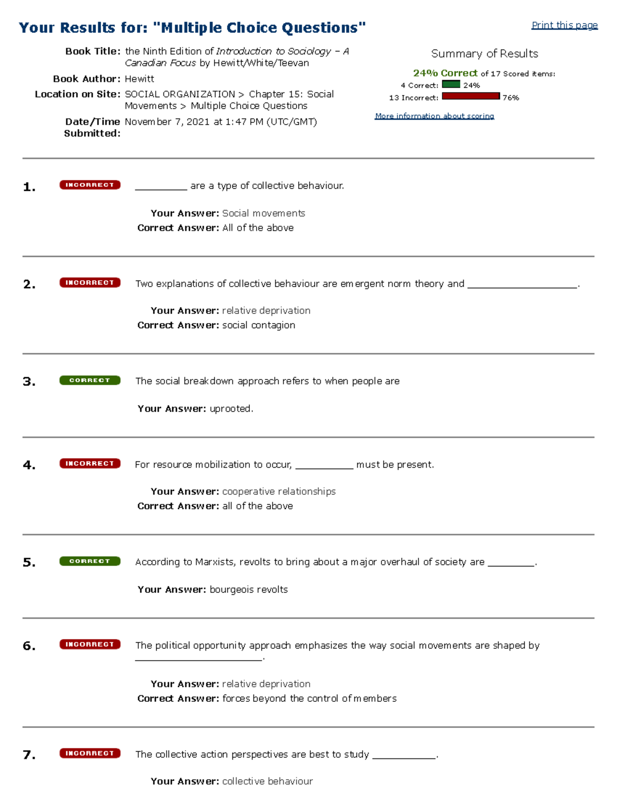 Your Results for Multiple Choice Questions - SOC 1113 - University of ...