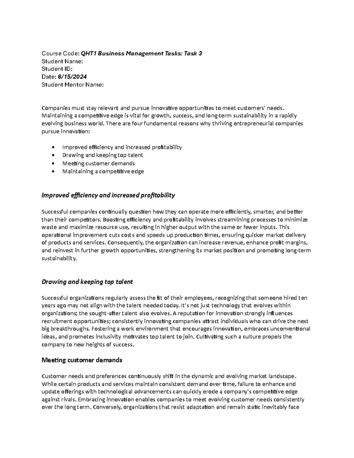 QHT1 Task 3 - First Try Passed 2024 - Course Code: QHT1 Business ...