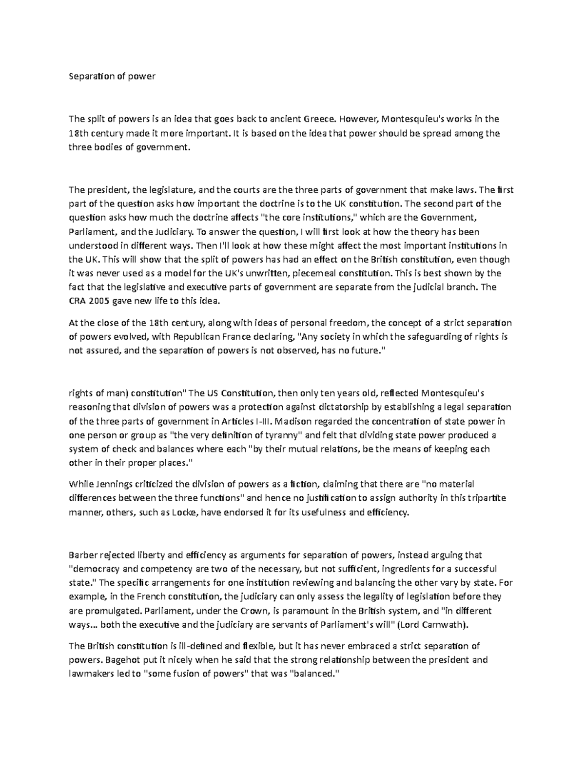 Separation of power exam - Separation of power The split of powers is ...