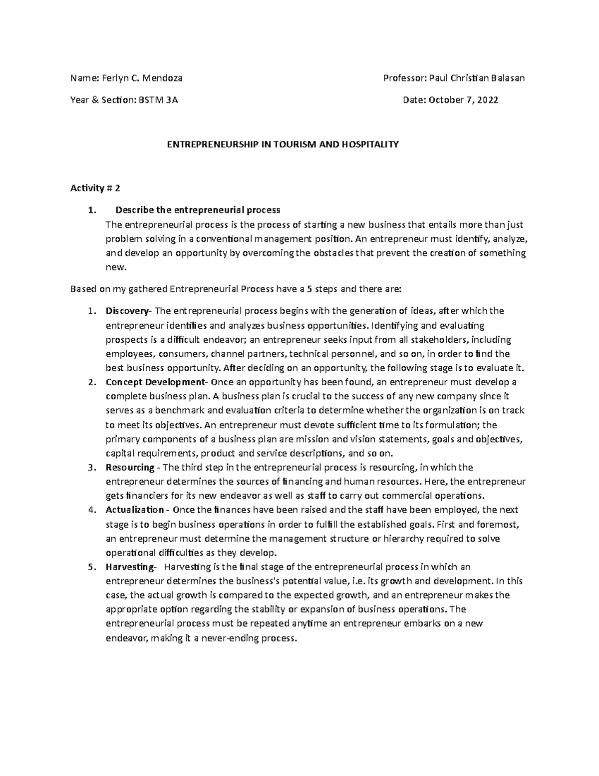 Entrepreneurship IN Tourism AND Hospitality Mendoza BSTM 3A Activity 2 ...