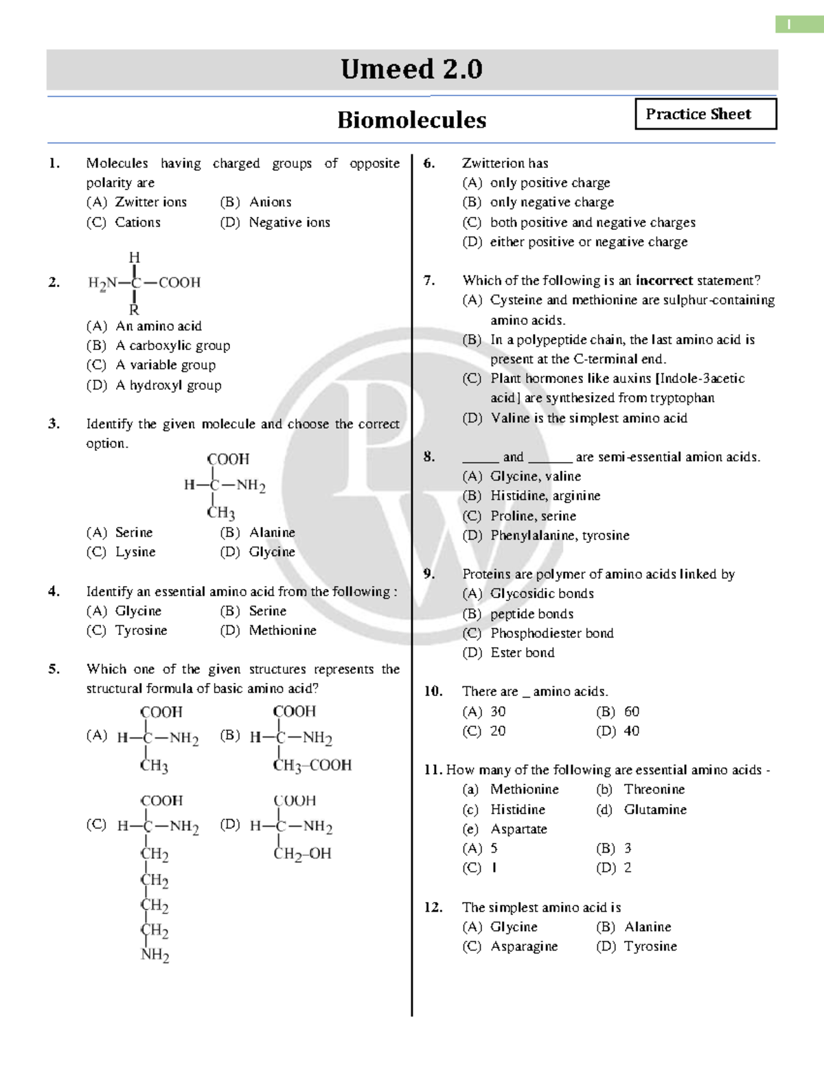 Biomolecules Practice Sheet - Umeed 2. Biomolecules Molecules having ...
