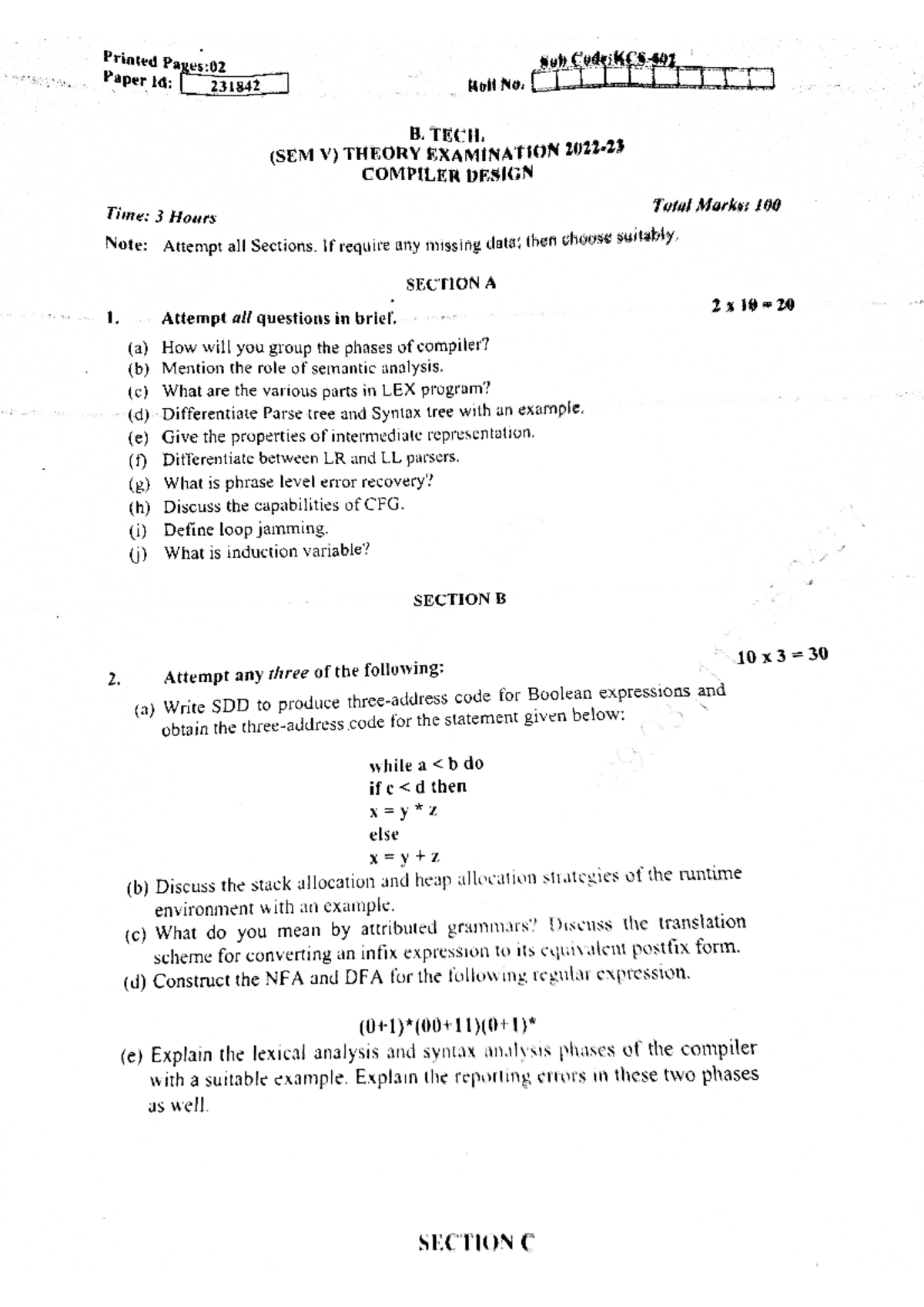 2023 cd paper - Compiler Design - Studocu