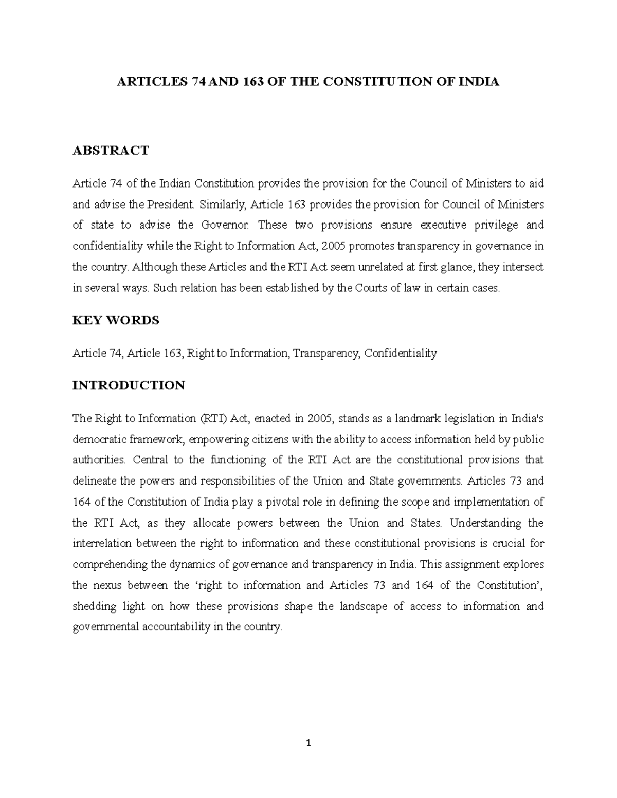 Articles 74 AND 163 OF THE Constitution OF India - ARTICLES 74 AND 163 ...
