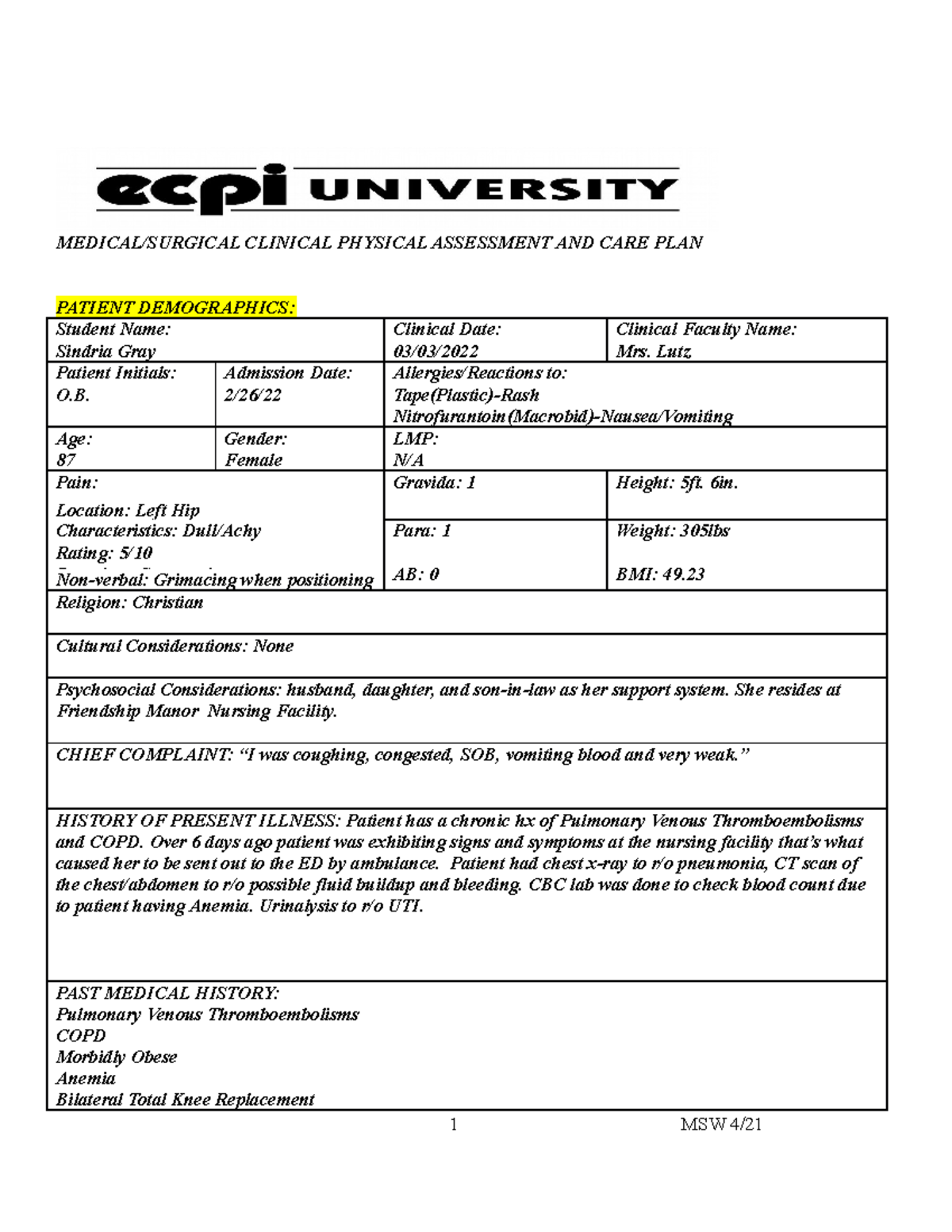 Clinical Care Plan 1 - Med Surg Care Plan - MEDICAL/SURGICAL CLINICAL ...