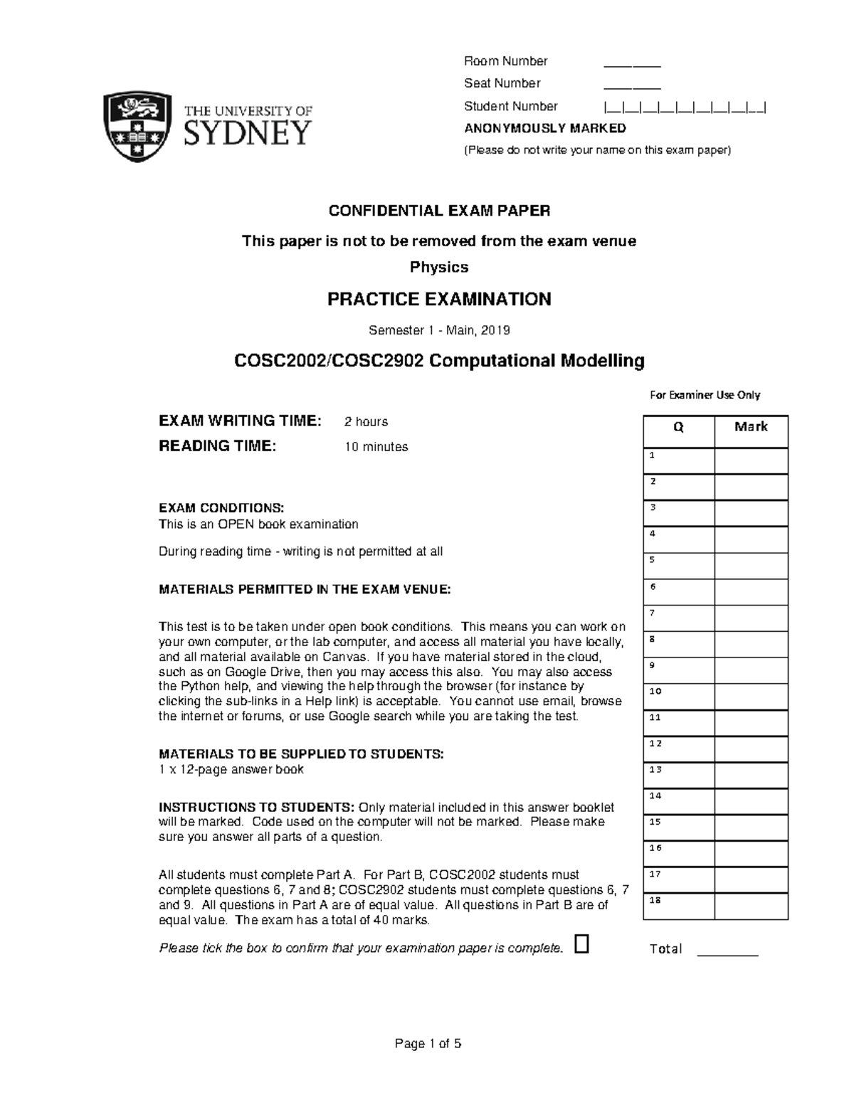 COSC 2002 Computational Modelling Practice Exam 2019 - Page 1 of 5 ...