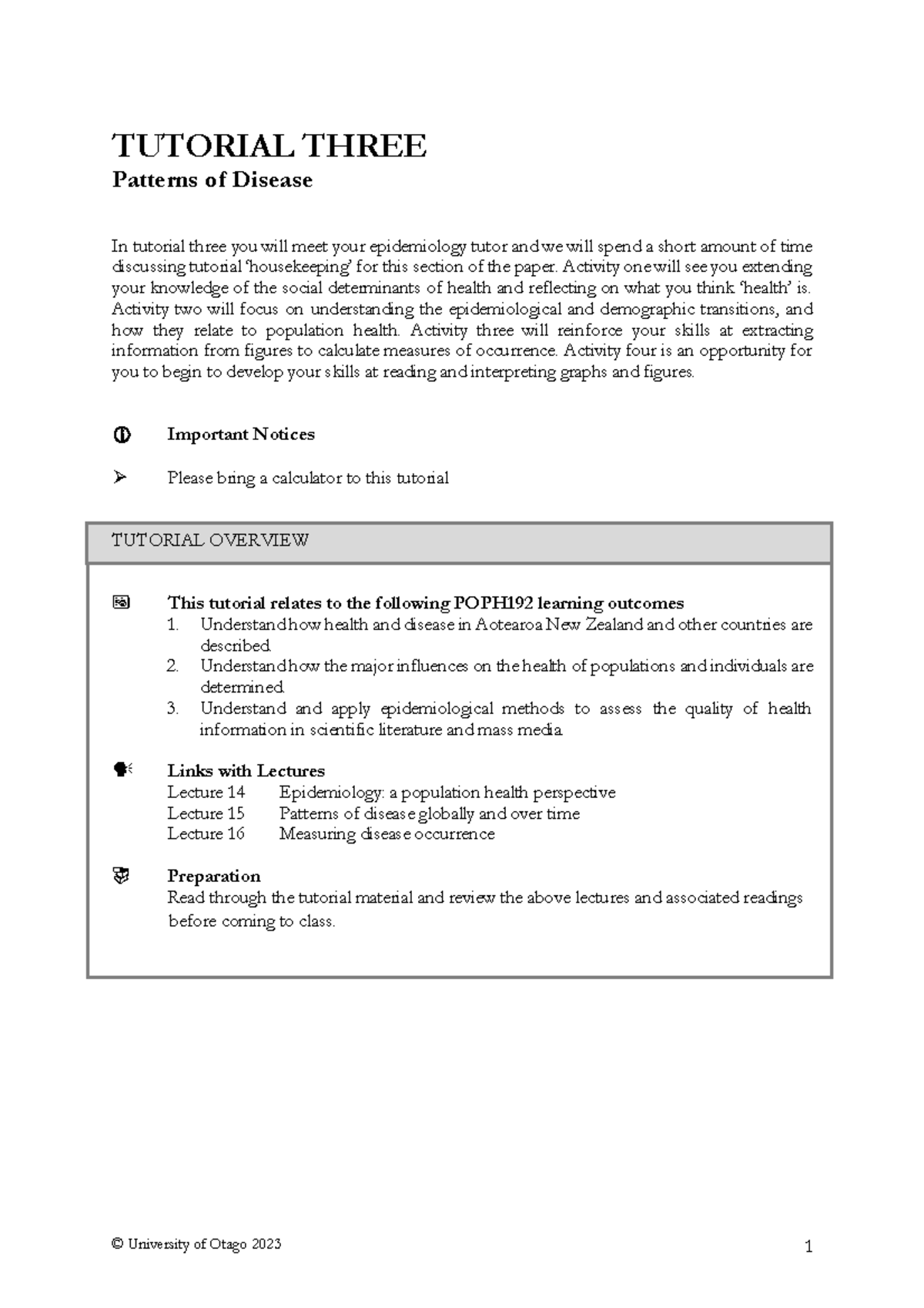 Tutorial 3 Student - TUTORIAL THREE Patterns of Disease In tutorial ...
