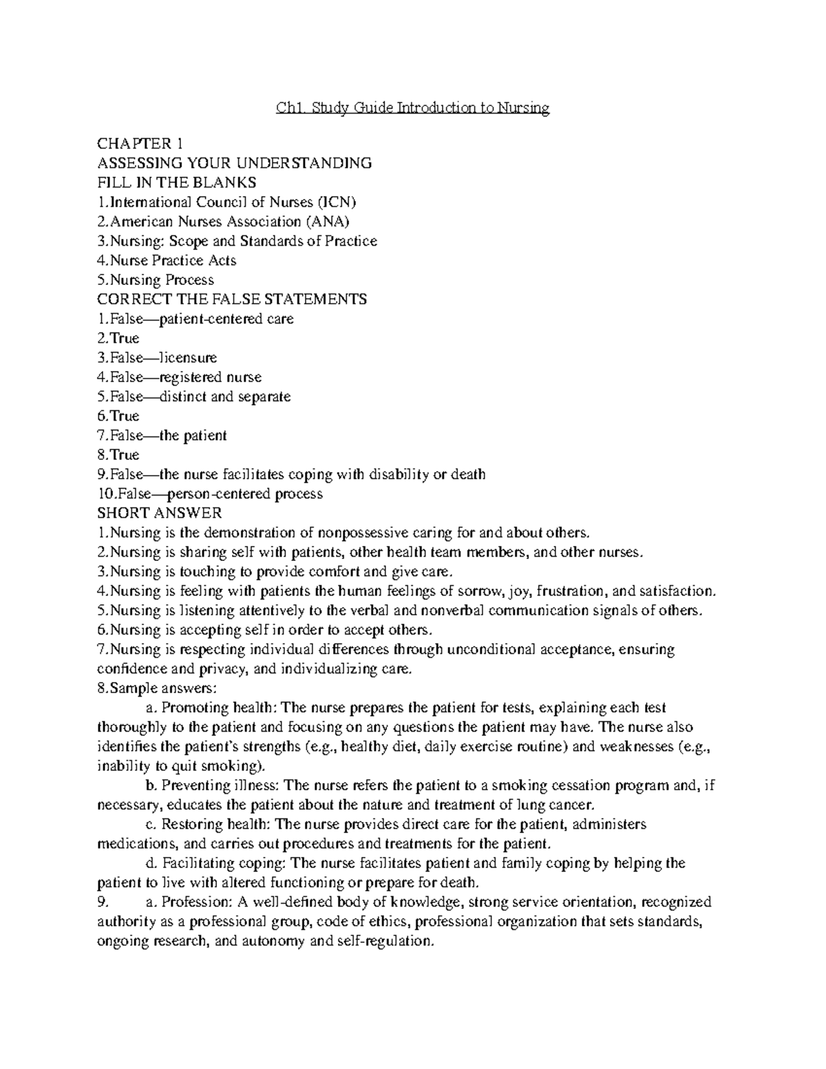 Fundamentals Study Guide Ch1 - Ch1. Study Guide Introduction to Nursing ...